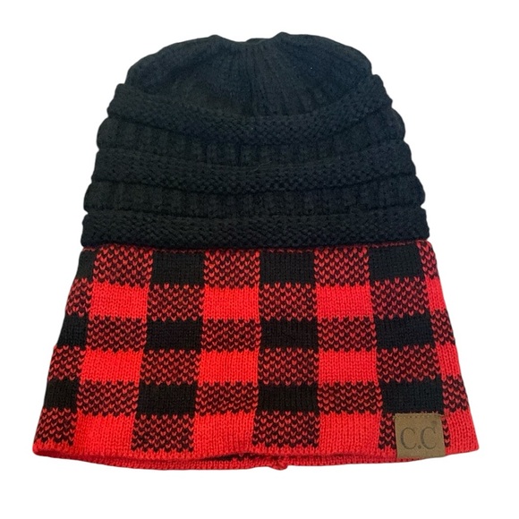 C.C | Accessories | Cc Beanie Red Black Buffalo Plaid Ponytail Stocking ...